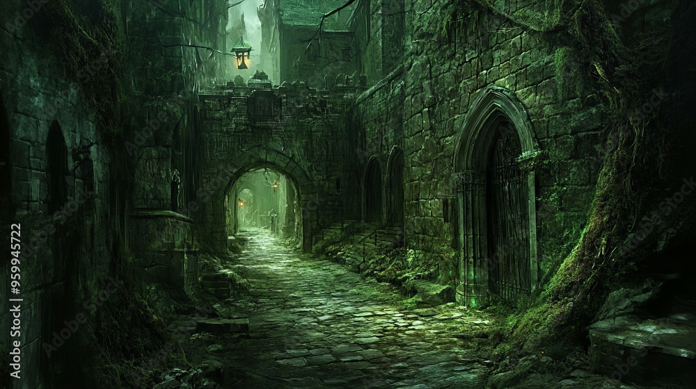 Mysterious grim dark dungeon alley with shadowy ambiance, stone walls ...