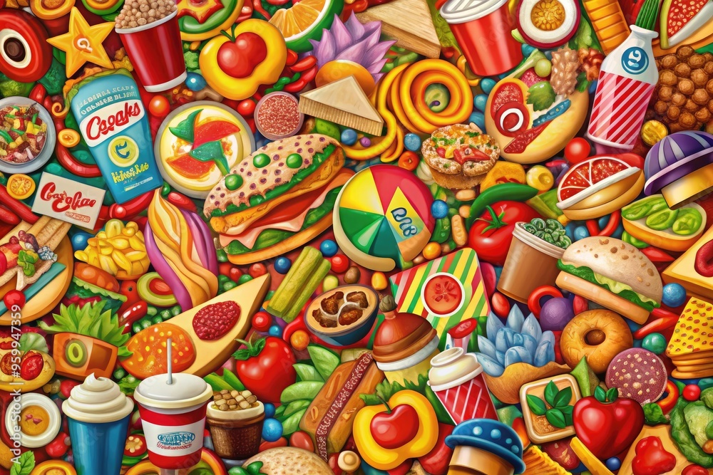 Colorful illustration of various popular fast food logos arranged in a ...