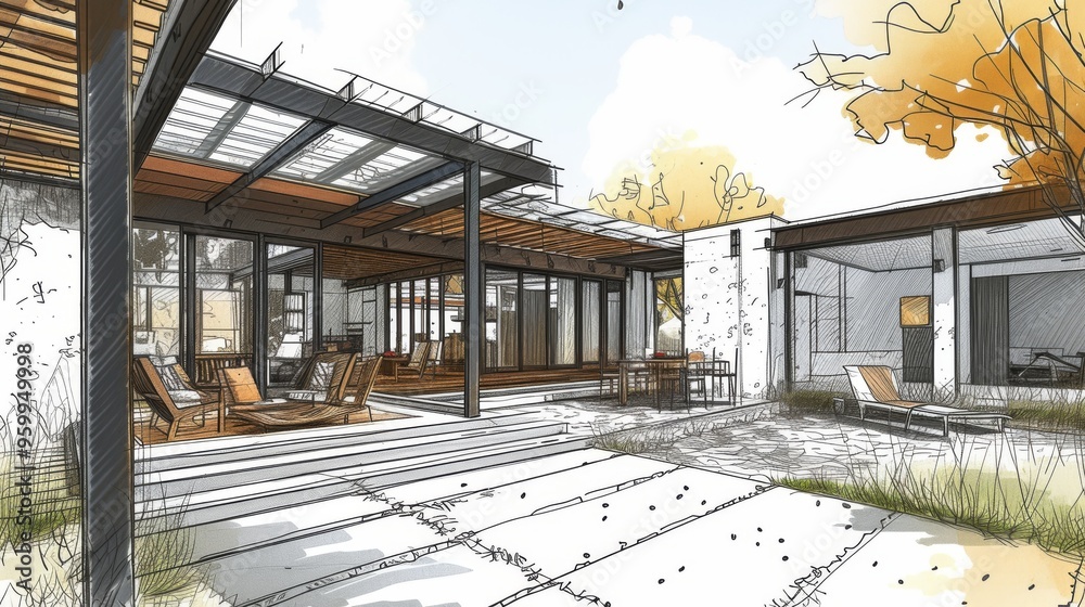 A detailed architectural sketch of a modern courtyard featuring open ...