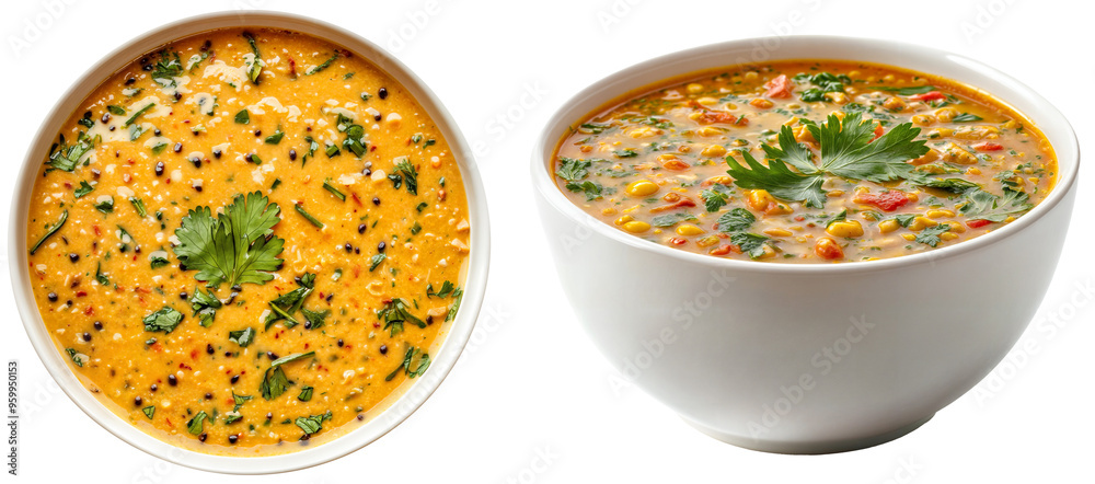 Top and side view of traditional Indian dal tadka with lentils, spices ...