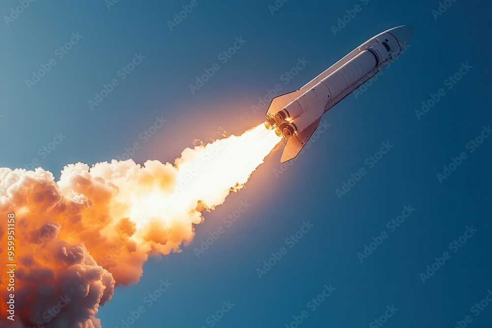 dynamic rocket launch with intense flames and billowing smoke trail ...