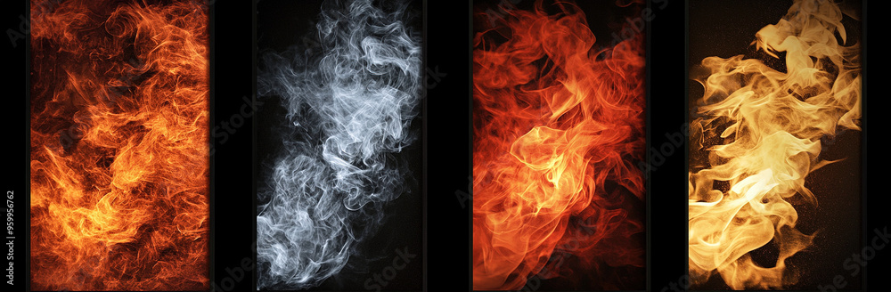 Four distinct panels showcasing different types of flames, isolated on ...