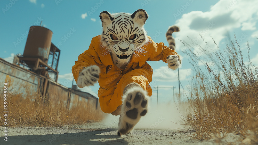 Realistic photo of a child quadrober wearing an animal mask and an ...