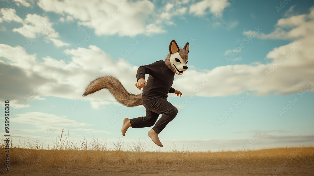 Realistic photo of a child quadrober wearing an animal mask and an ...