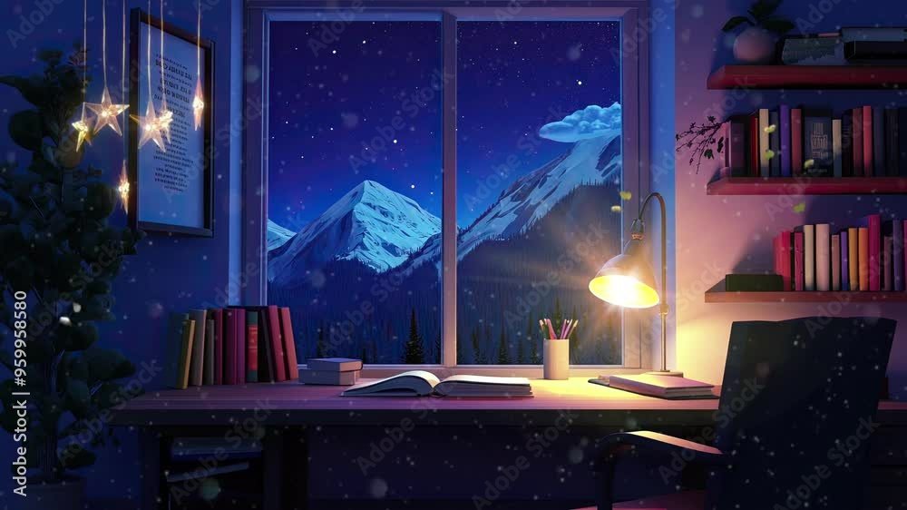 cartoon study room with study lamps with books on the table next to the ...
