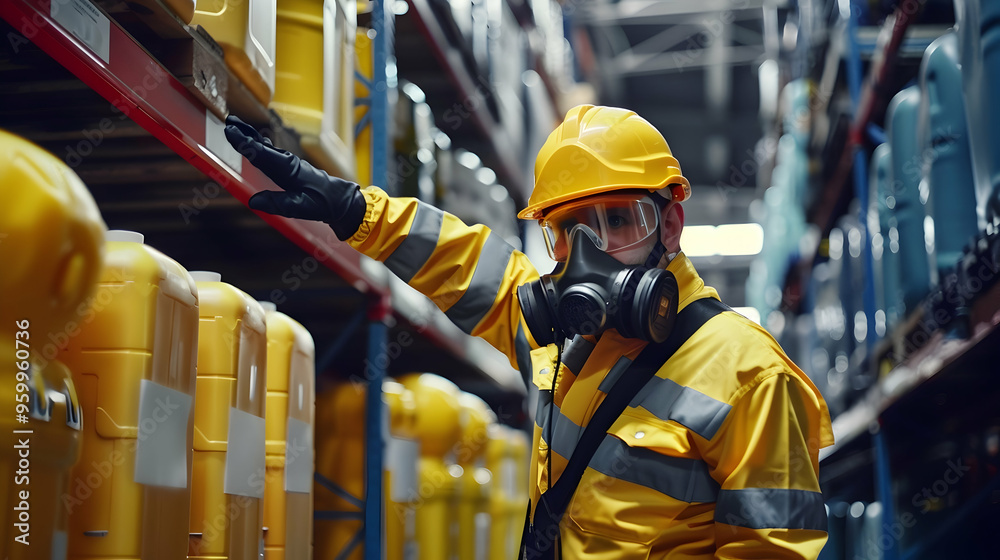 Hazardous substance concept safety officer pointing on explosives icon ...