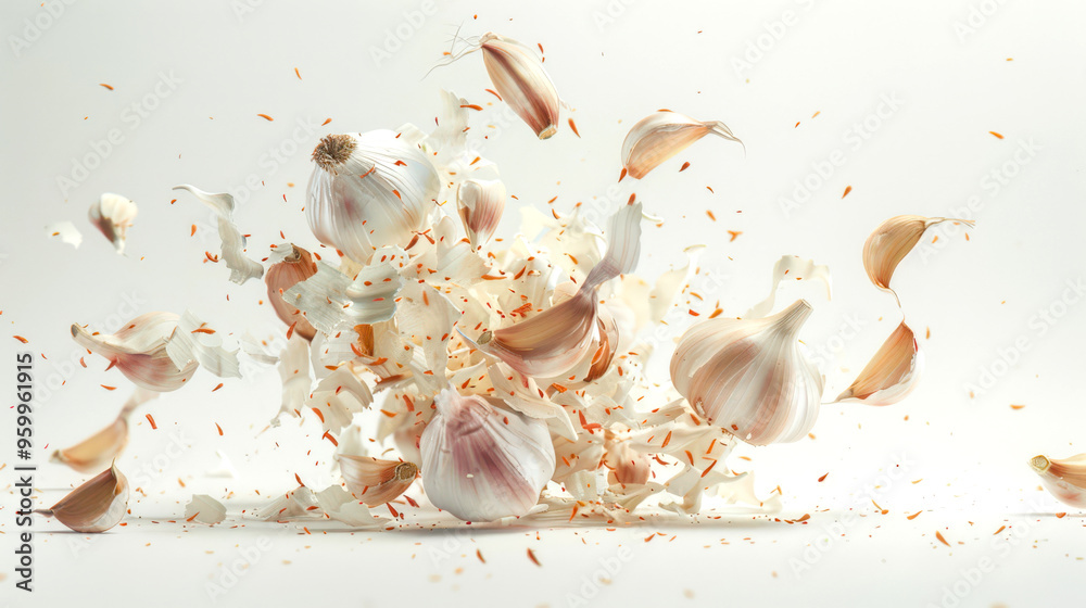 Garlic bulbs and cloves explode in the air on a white background. A ...