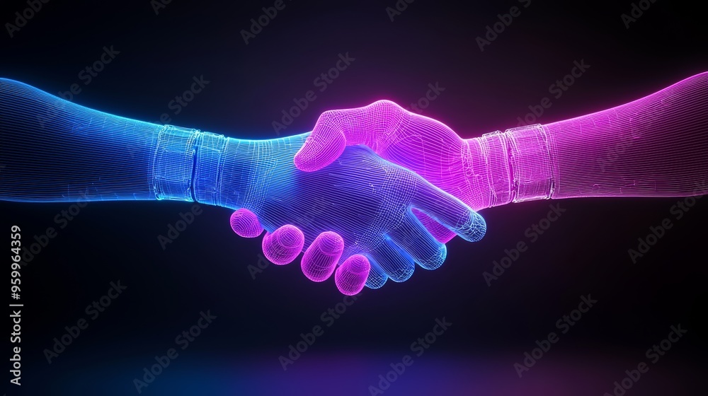 Neon handshake constructed from network links, front view, illustrating ...