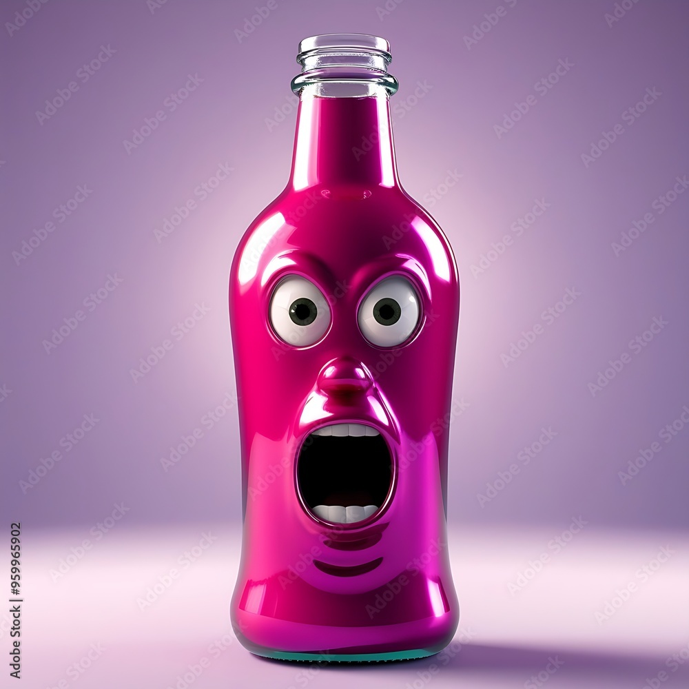 Glass bottle character, shocked, wide-open eyes, open mouth, reflective ...