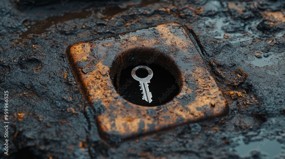 Up close display of a small keyhole locking mechanism covered in mud ...