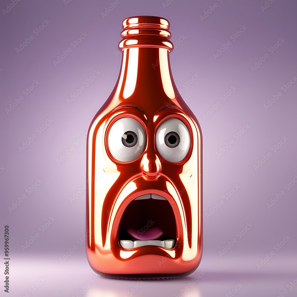 Glass bottle character, shocked, wide-open eyes, open mouth, reflective ...