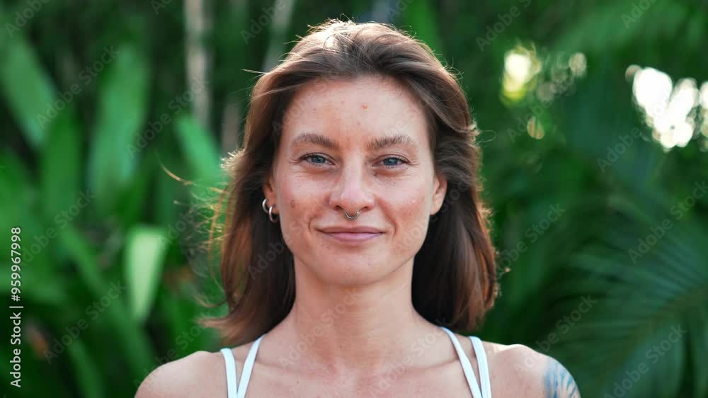 Beautiful Portrait of Happy Smiling Woman Looking at Camera on Green ...