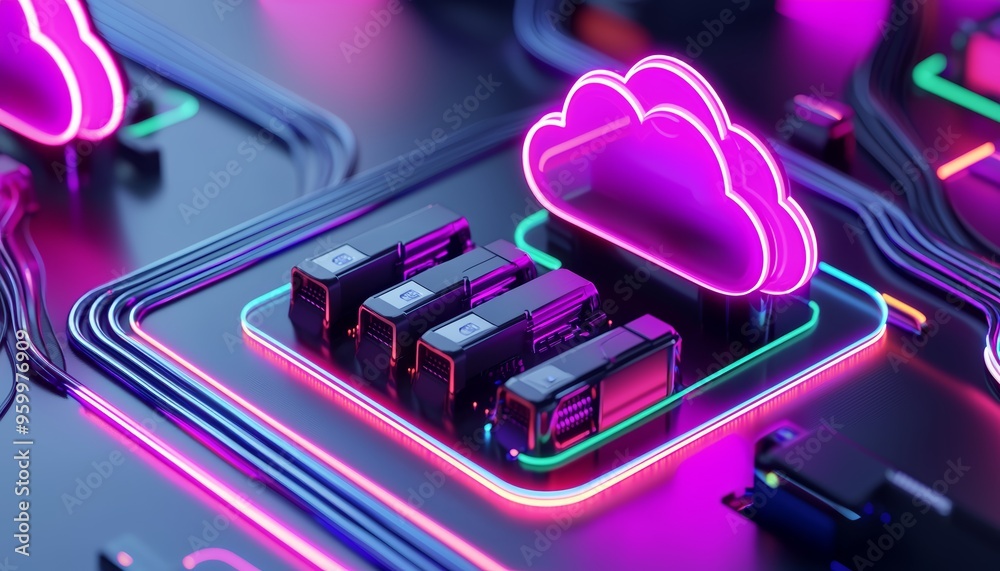 Virtual cloud connected to data hubs on a glowing grid, top view ...