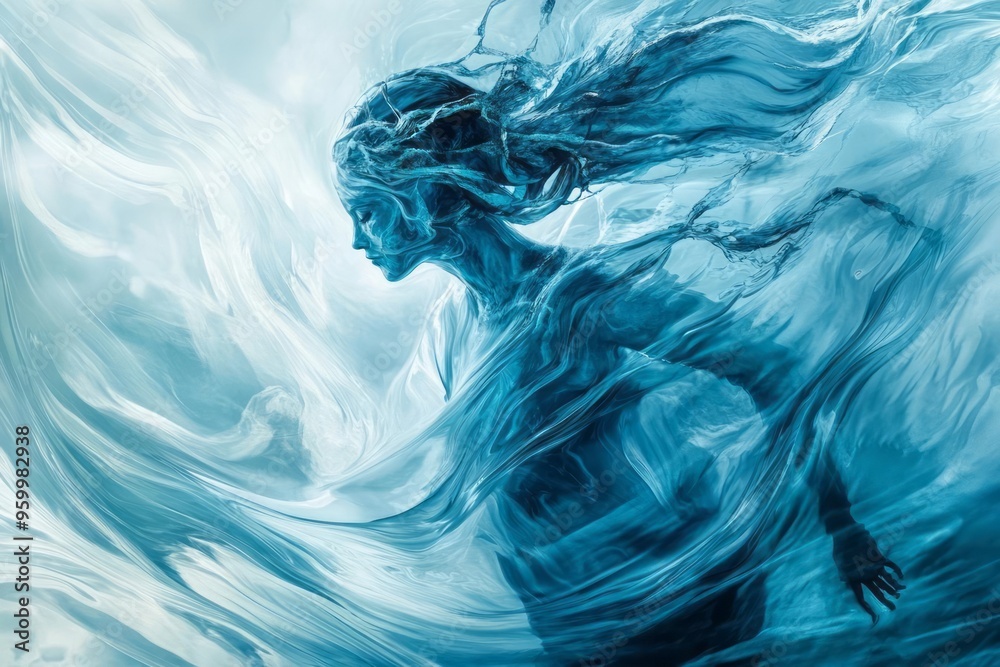 Imaginative artwork of a water-bodied person, representing fluidity and ...