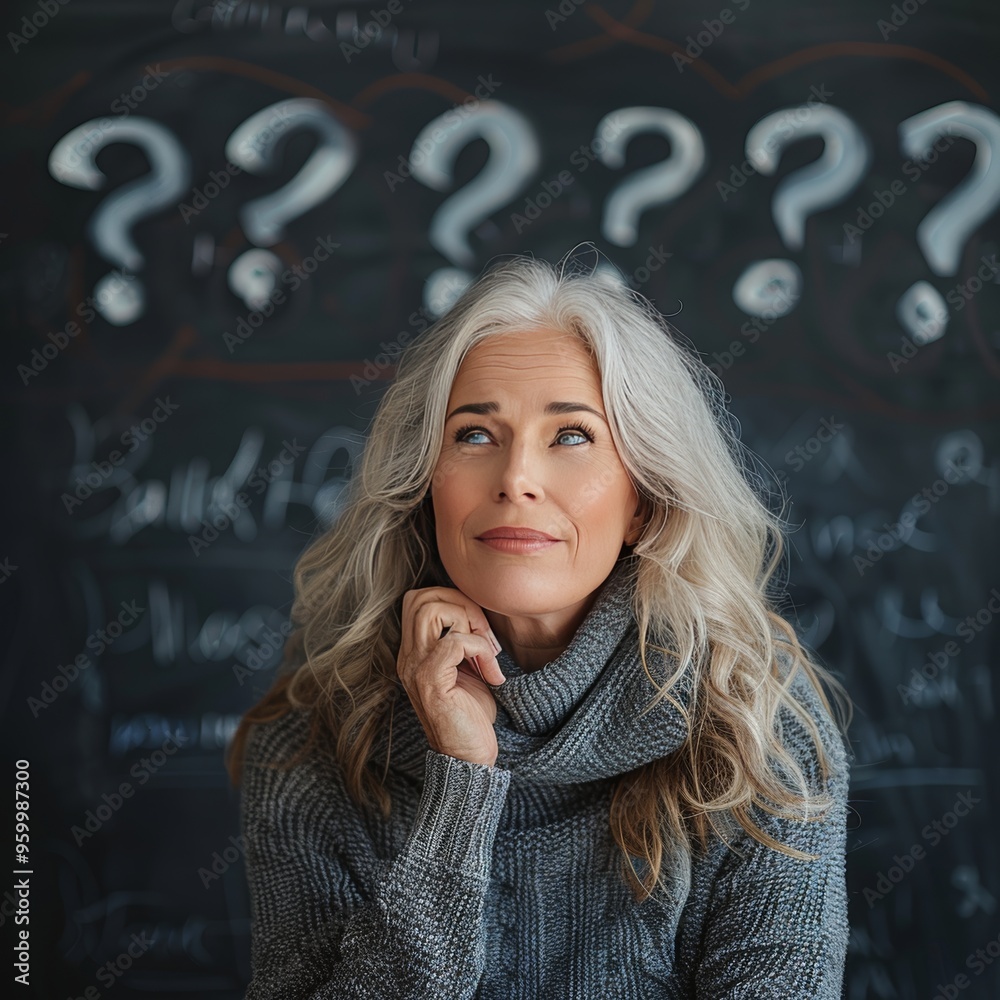 Contemplative Mature Woman with Silver Hair Pondering Against ...