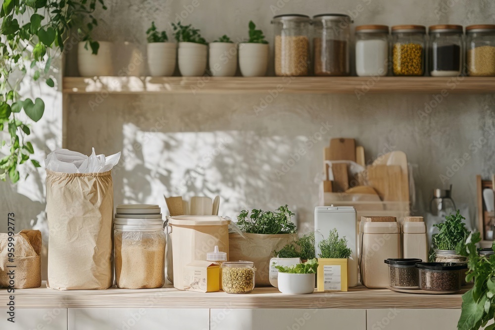 Zero-waste kitchen setup, plant-based, recyclable containers ...