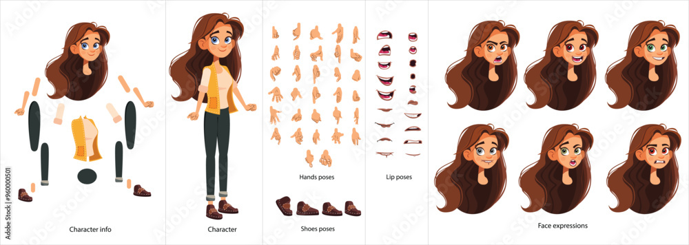 Girl Character creation set with various views, face emotions, lip sync ...