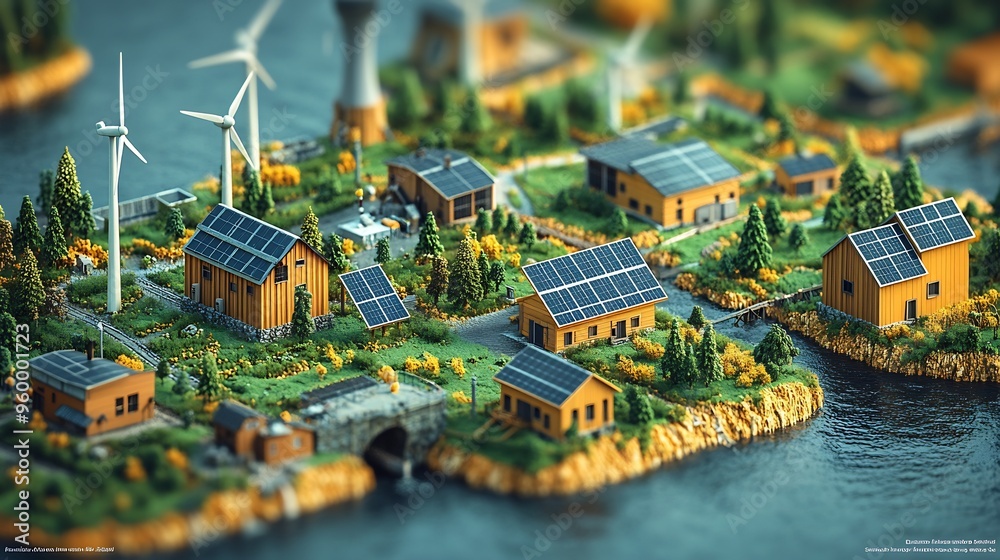 Infographic depicting various renewable energy sources including solar panels wind turbines ...