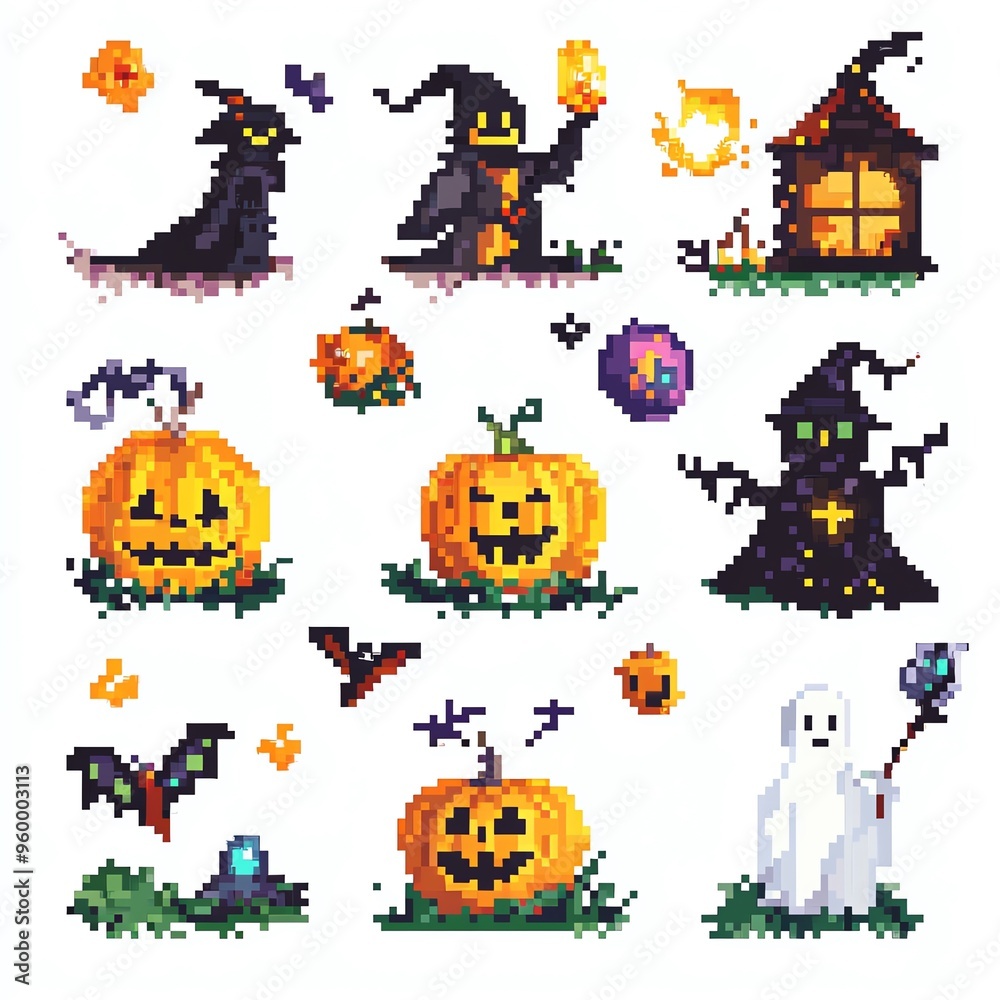 Pixel art Halloween set with pumpkins, bats, witches, ghosts and other ...