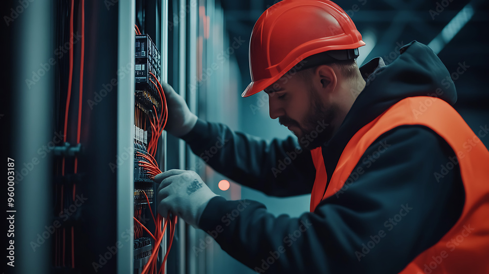 Electrician working on electrical panel, wearing safety gear including ...
