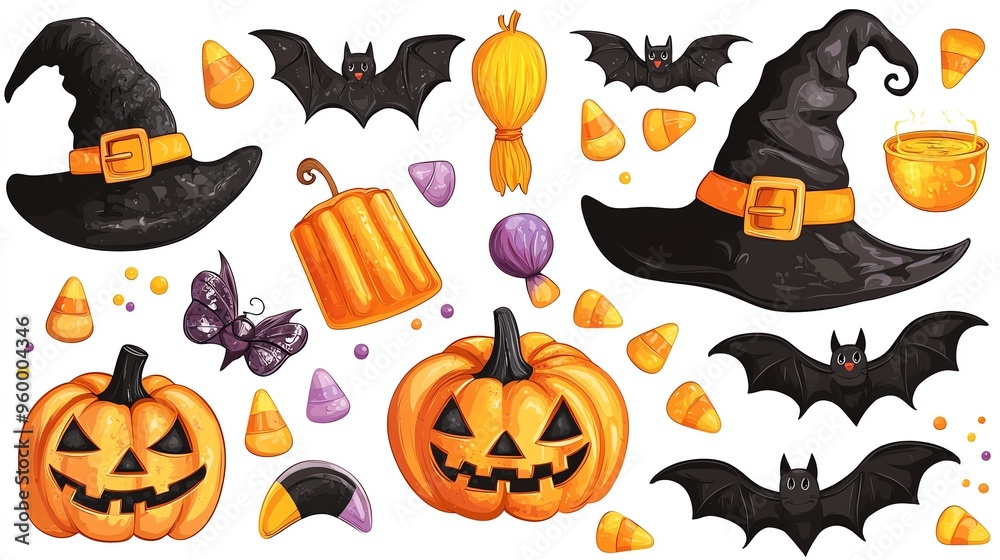 Hand-drawn Halloween clipart set with pumpkins, bats, witches hats, and ...