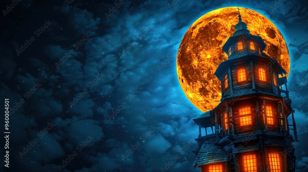 Old tower house illuminated with glowing orange windows under a giant ...