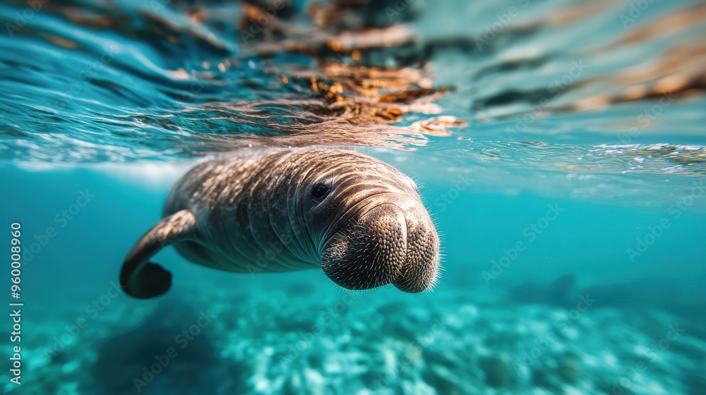 An intimate close-up photograph featuring a manatee's face emerging ...