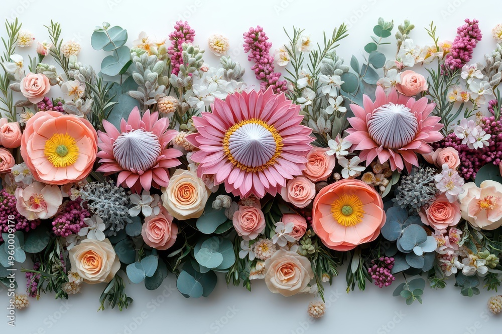 stunning flat lay of australian native flora featuring vibrant proteas ...