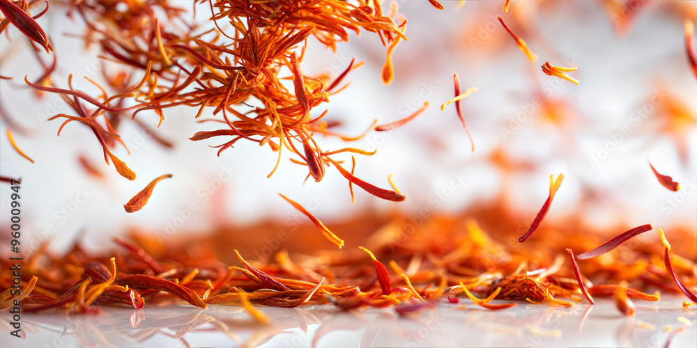 Bright stigmas of saffron flowers falling in the air on a black ...