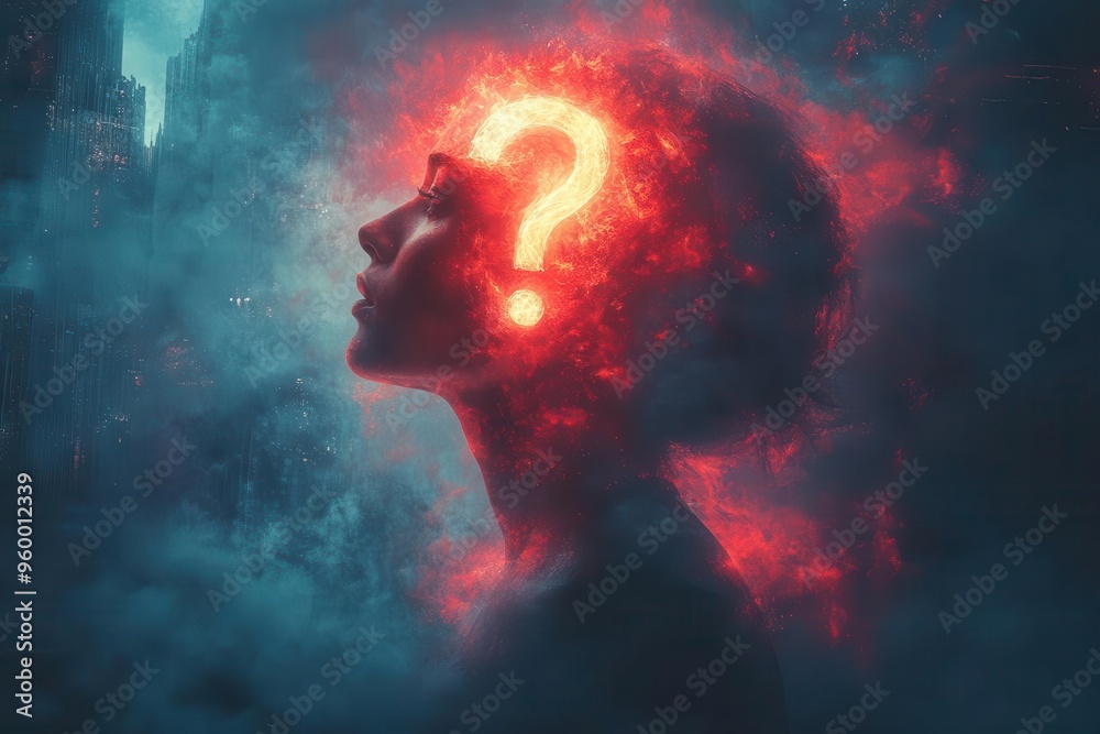 surreal digital artwork of pensive human silhouette with glowing ...