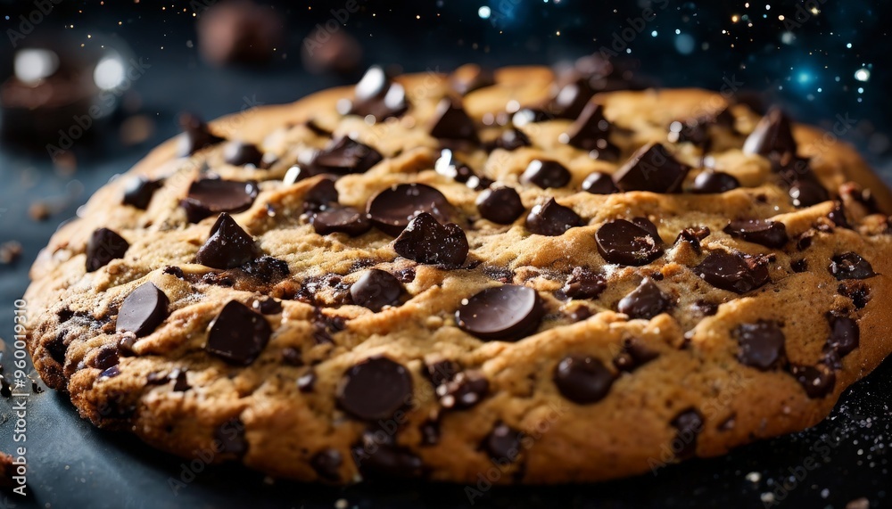 Mouthwatering close-up of a freshly baked chocolate chip cookie, filled ...