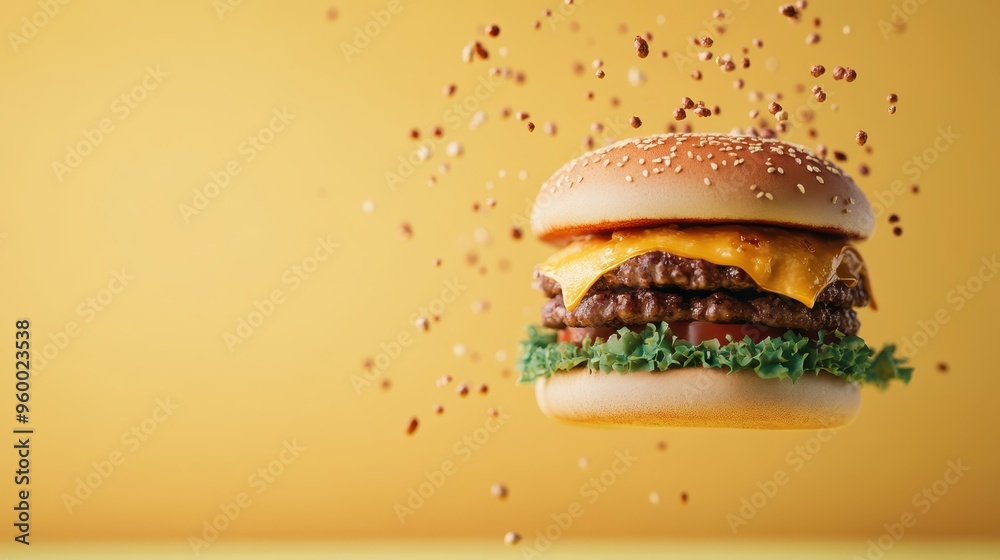 Double beef patty cheeseburger garnished with melted cheese, fresh ...