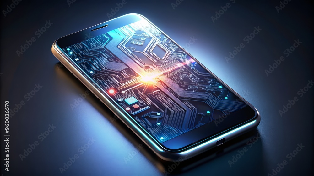 A sleek smartphone with a gleaming lithium-ion battery exposed, lit ...