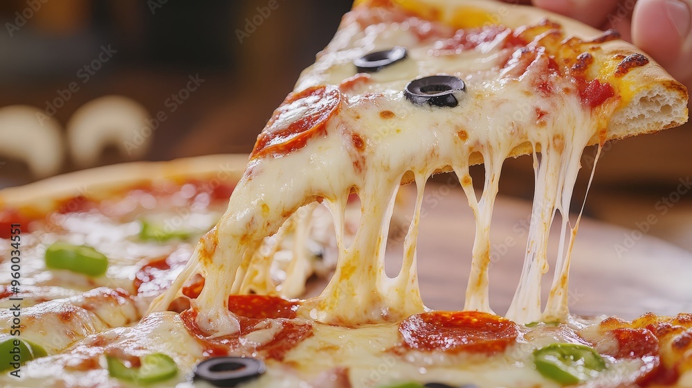 A gooey, cheesy pizza loaded with toppings, its melted cheese ...