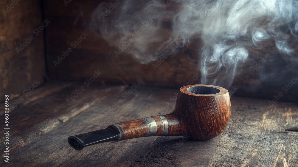 Smoke curling out from an old-fashioned pipe, evoking a nostalgic and ...