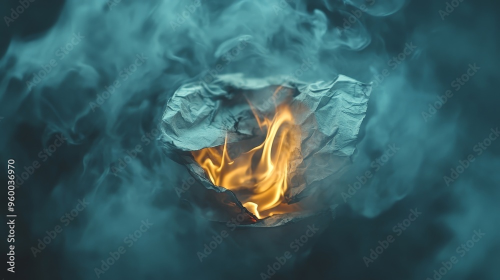Smoke curls around a piece of burning paper, capturing the moment of ...