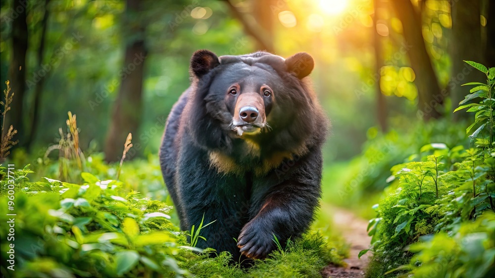 Majestic Asiatic black bear, also known as moon bear, walks confidently ...