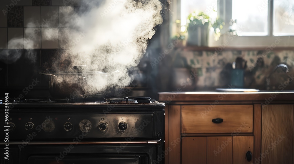 Wisps of smoke curling from a traditional wood stove, adding a touch of ...