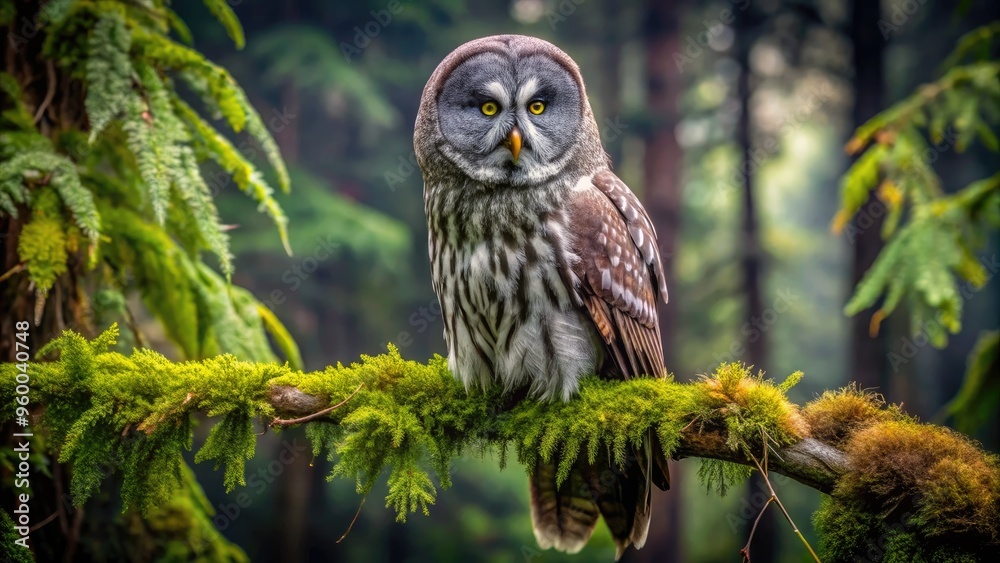 Majestic great grey owl perches on a moss-covered branch in a lush ...