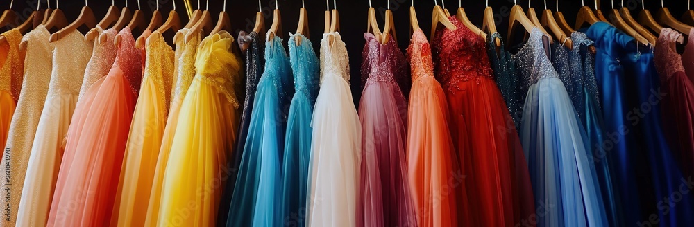 A rack of colorful prom dresses hangs in different shades, from light ...