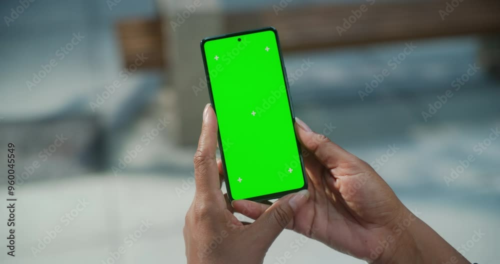 Anonymous Female Using Smartphone with Green Screen Chroma Key Mock Up ...