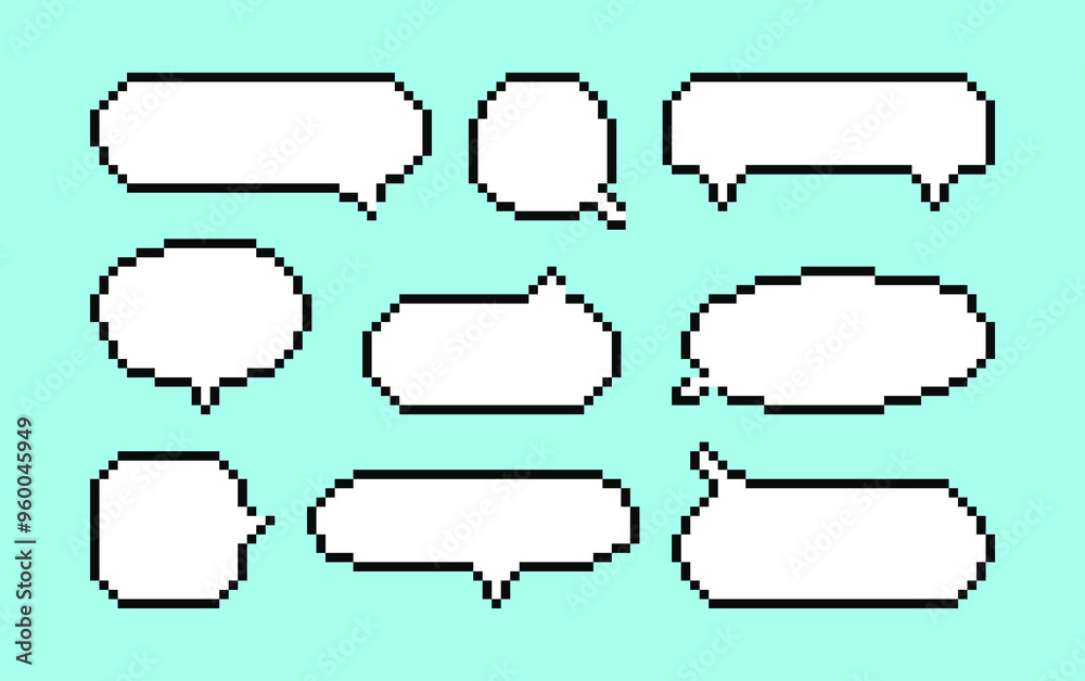 Pixel white Speech Bubbles set for computer game. Message box, chat ...