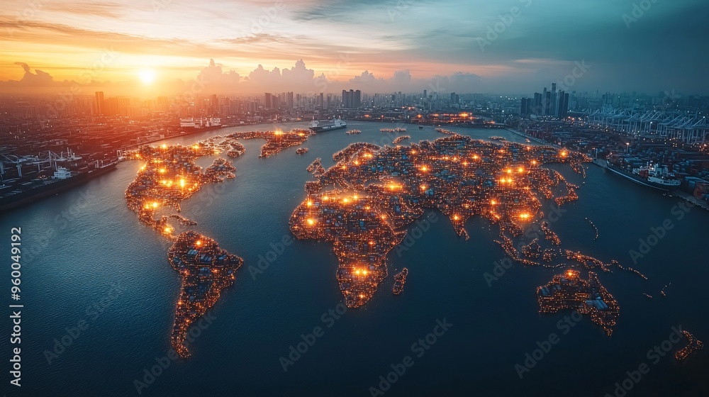 World map with interconnected logistic routes and cargo ships at a port ...
