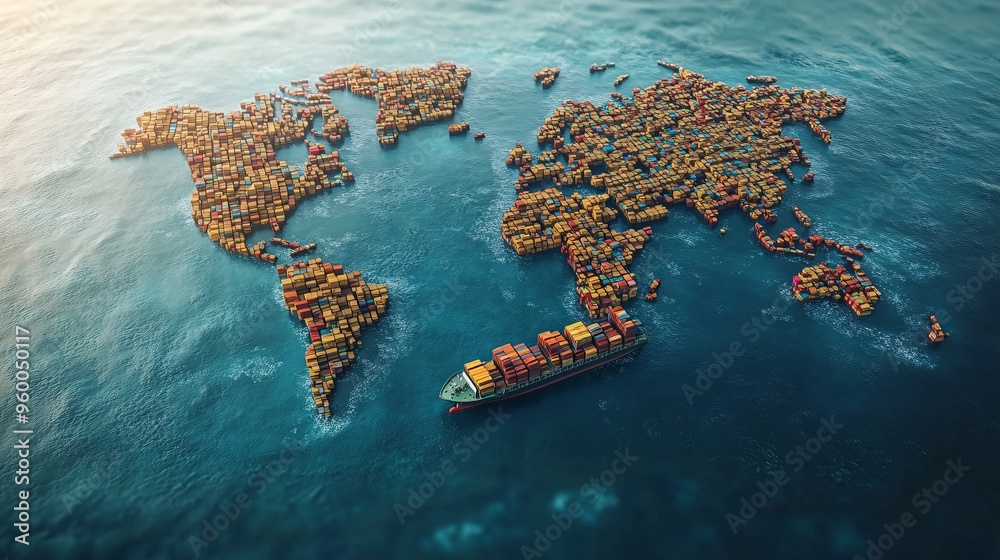 Global logistics on a world map with cargo ships at the port ...