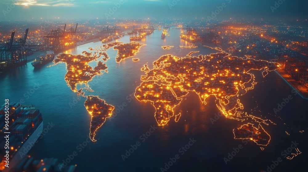 Global logistics on a world map with cargo ships at the port ...