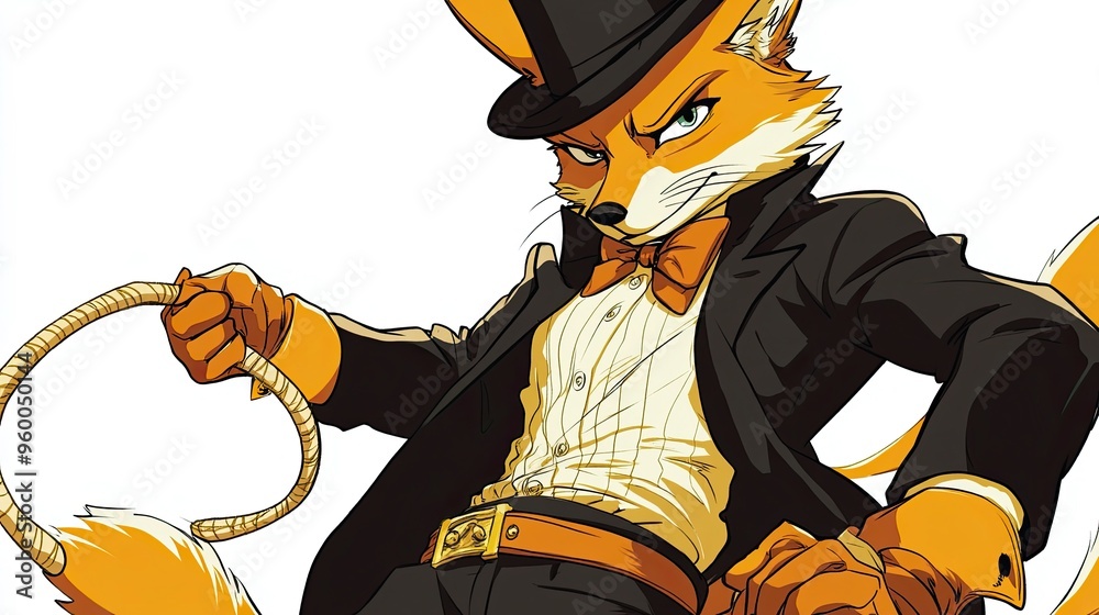 Cartoonized anthropomorphic fox with sly expression and stylish attire ...