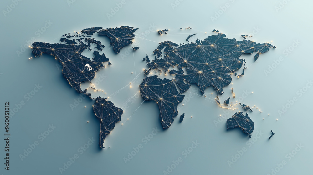 A world map illustration featuring interconnected glowing nodes and ...