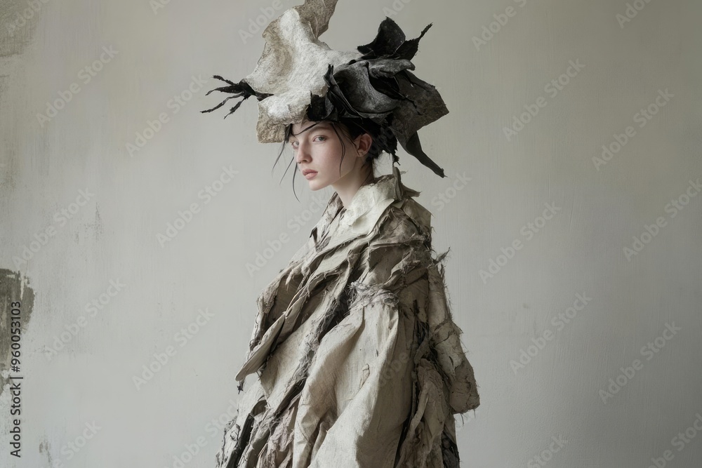 Fashion shoot, minimalist studio, nonconformist, atypical outfit, rare materials, bizarre ...