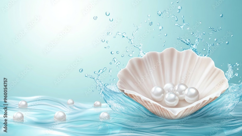 Pearl cosmetics, scallop shell podium, blue water splashes and white ...