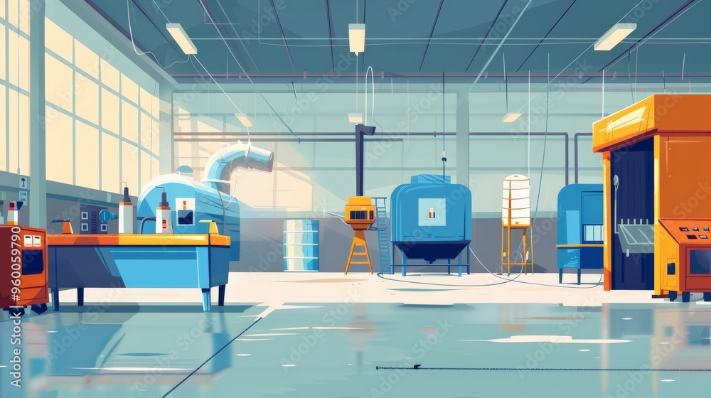 Scene of an industrial paint shop spraying components flat design side ...